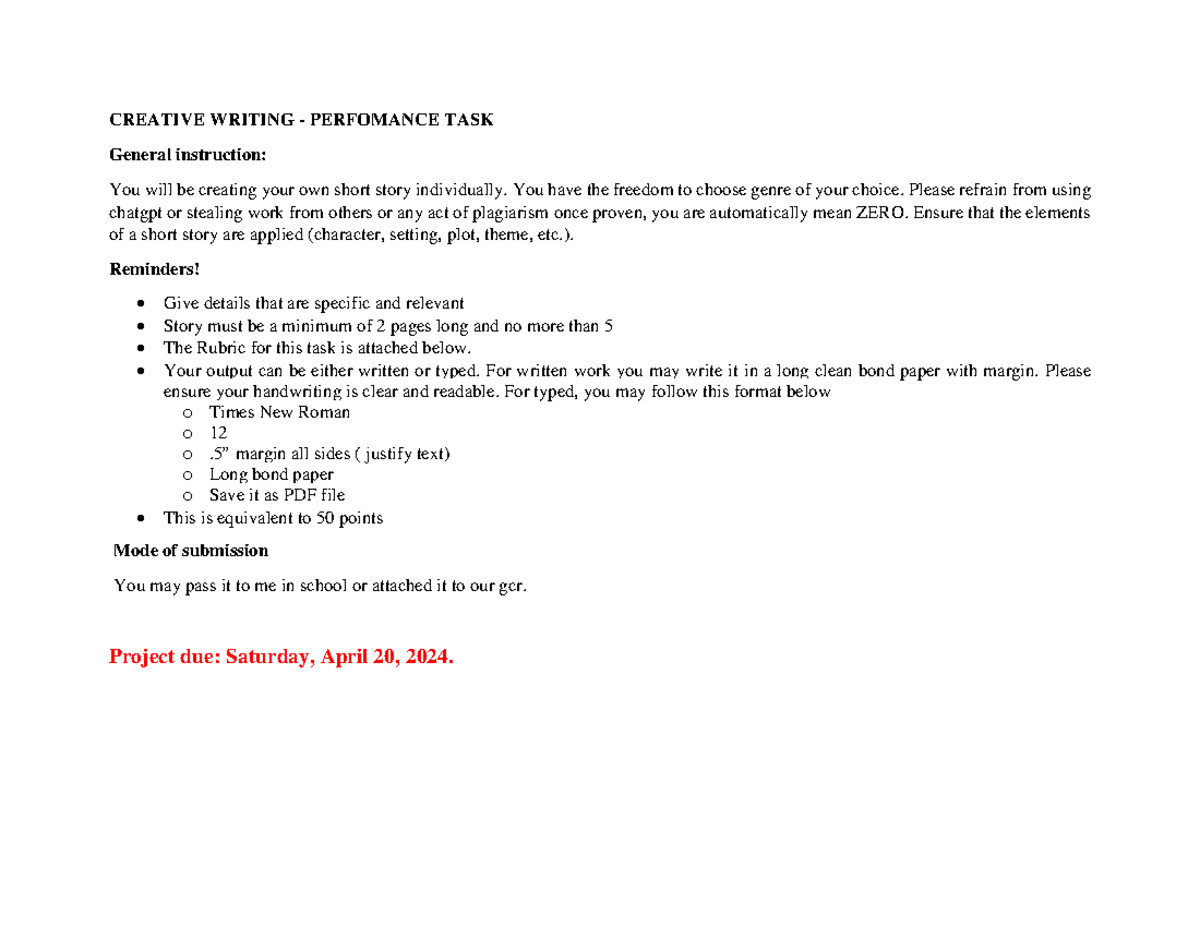 CW- Performance TASK - creative writing - CREATIVE WRITING - PERFOMANCE TASK General instruction ...
