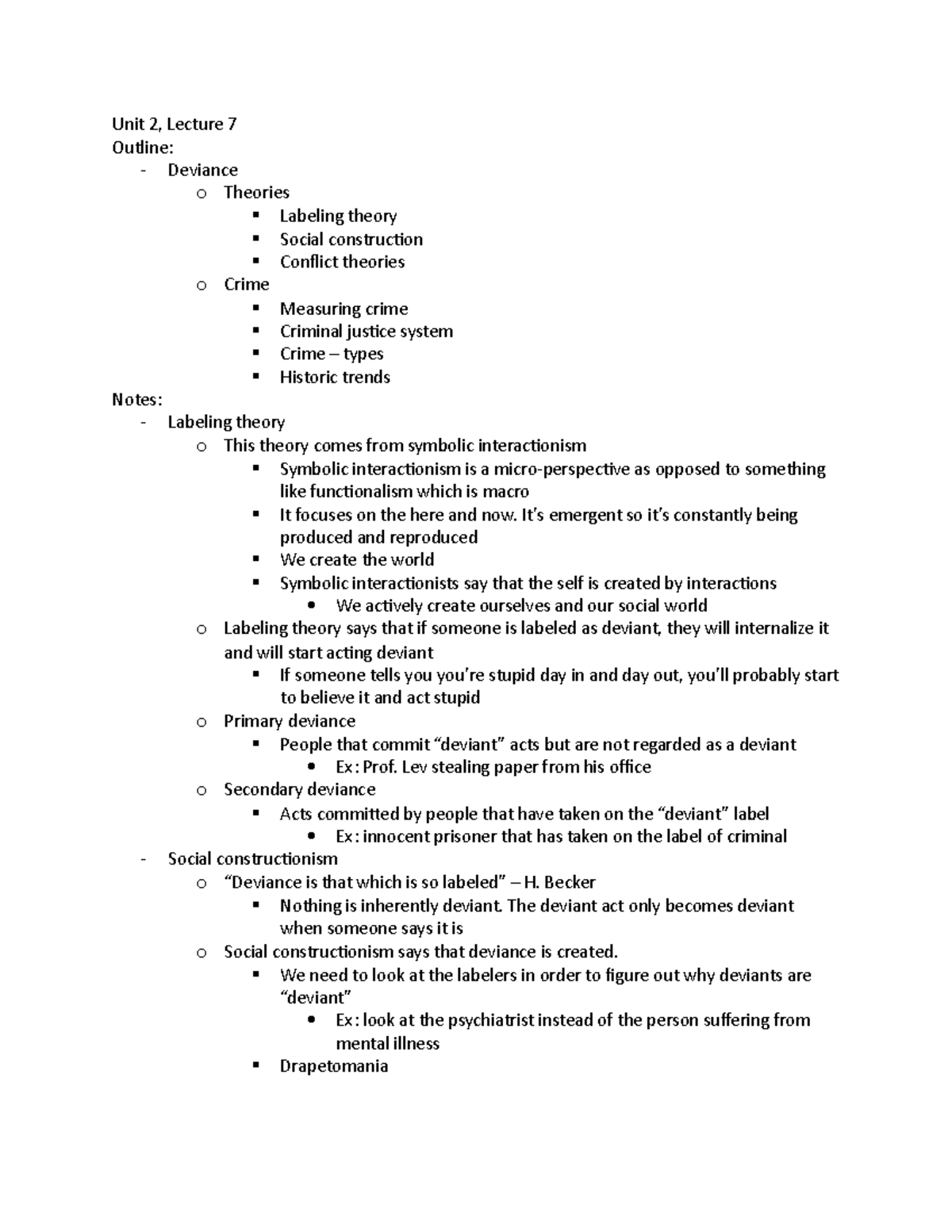 SOC 2 - Leville - Unit 2, Lecture 7 Outline: - Deviance o Theories Labeling theory Social - Studocu