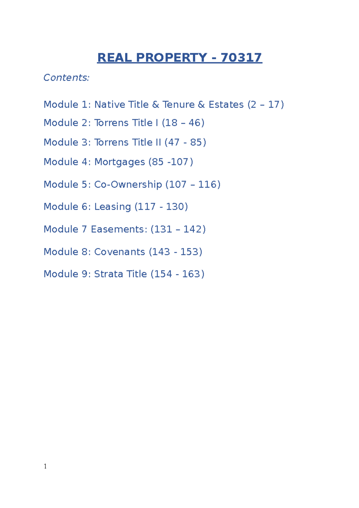 REAL Property nts - lecture notes - REAL PROPERTY - 70317 Contents ...