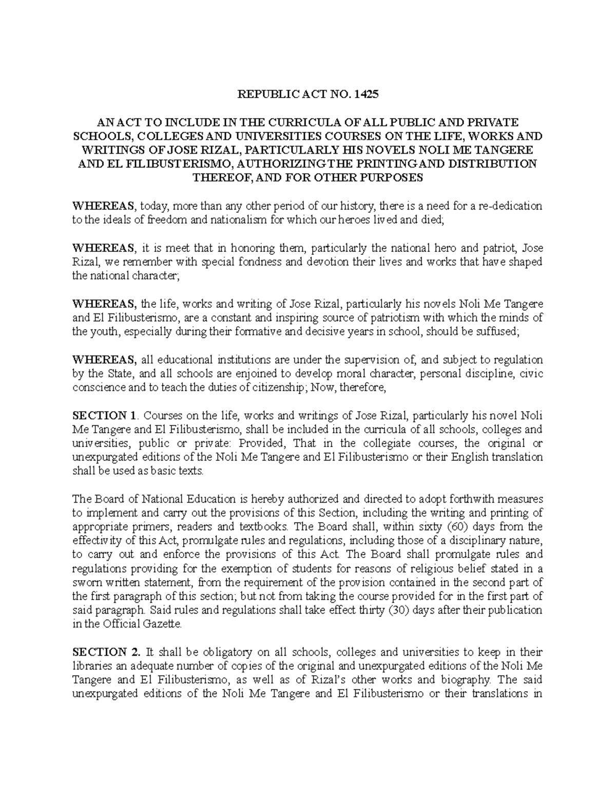 Rizal LAW - gfjgf - REPUBLIC ACT NO. 1425 AN ACT TO INCLUDE IN THE ...