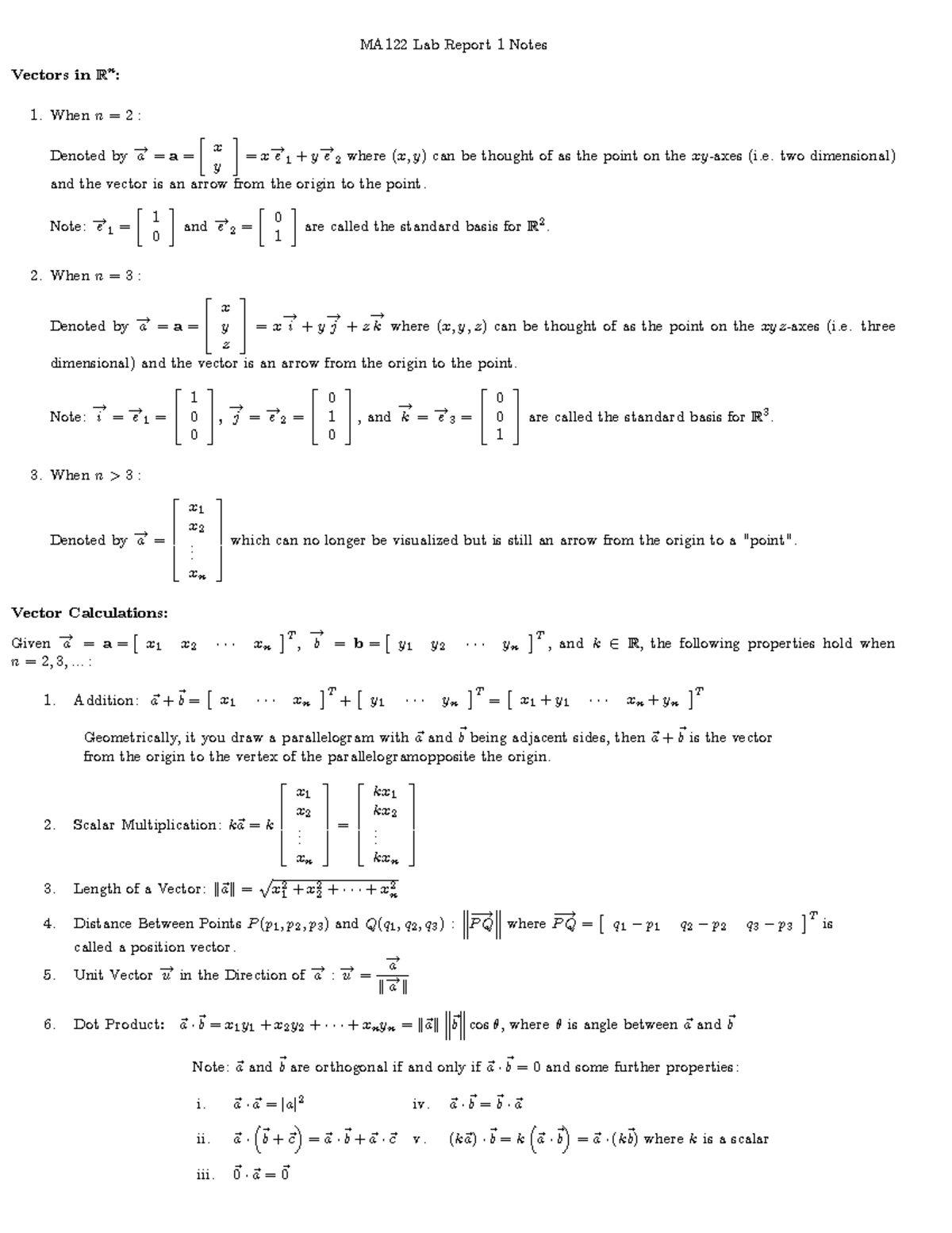 MA122 F20 All Lab Notes - MA122 Lab Report 1 Notes Vectors inR n ...