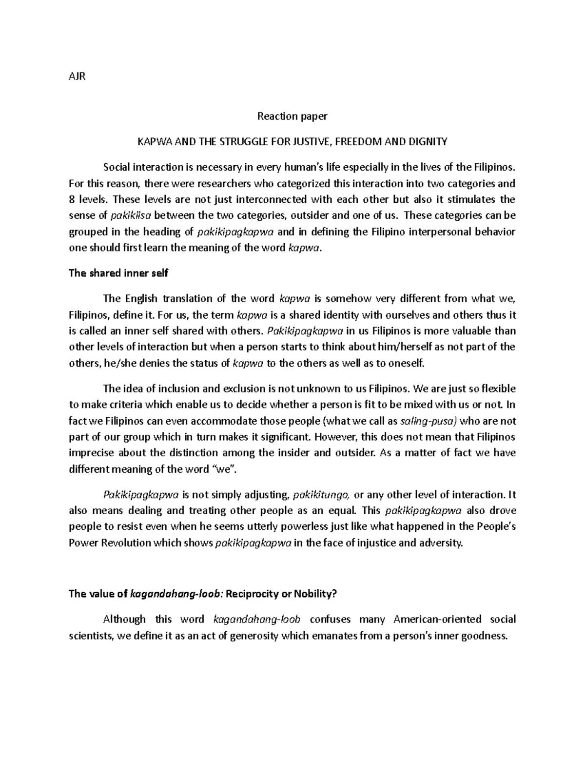 Reaction paper History - AJR Reaction paper KAPWA AND THE STRUGGLE FOR ...