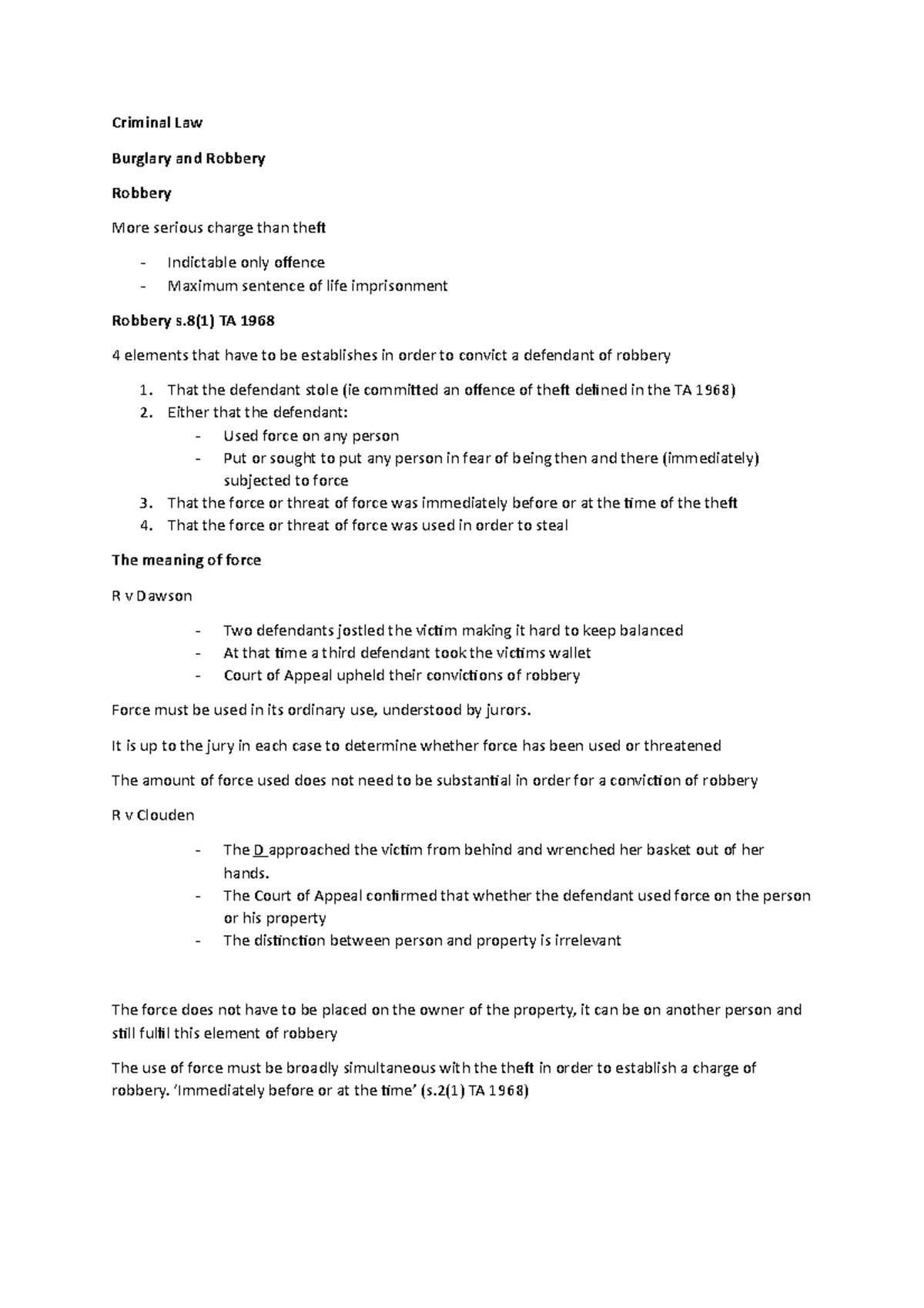 Robbery and Burglary - notes - Criminal Law Burglary and Robbery ...
