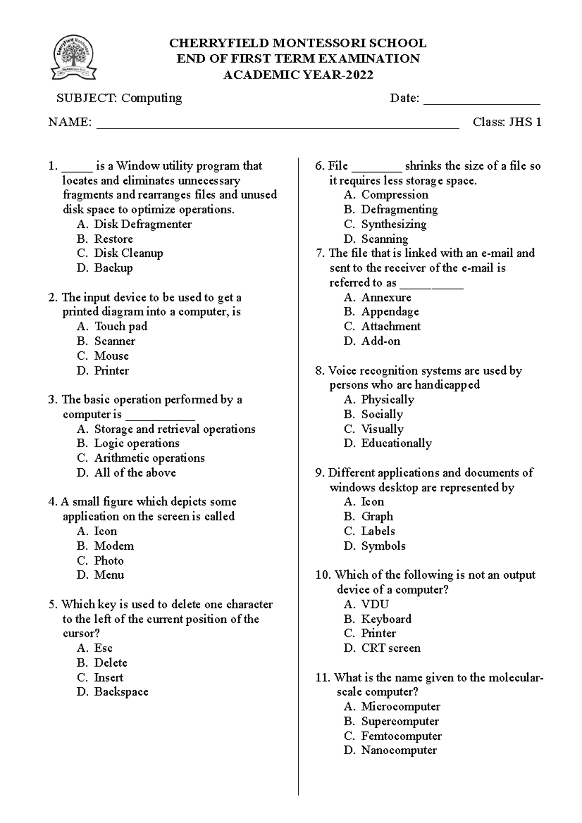 J2 - Test yourself - CHERRYFIELD MONTESSORI SCHOOL END OF FIRST TERM ...