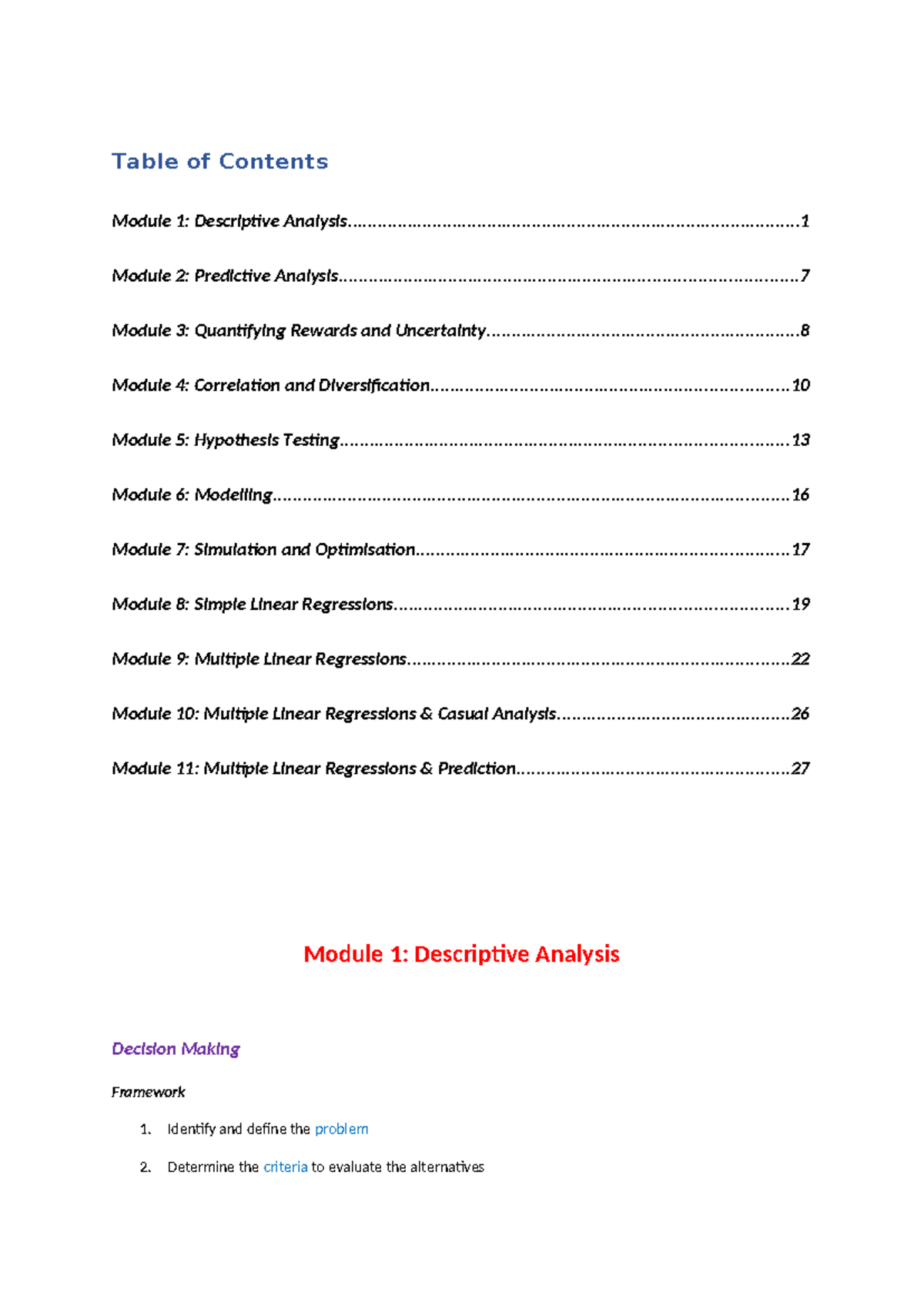 FMDM Notes - Table of Contents Module 1: Descriptive - Studocu