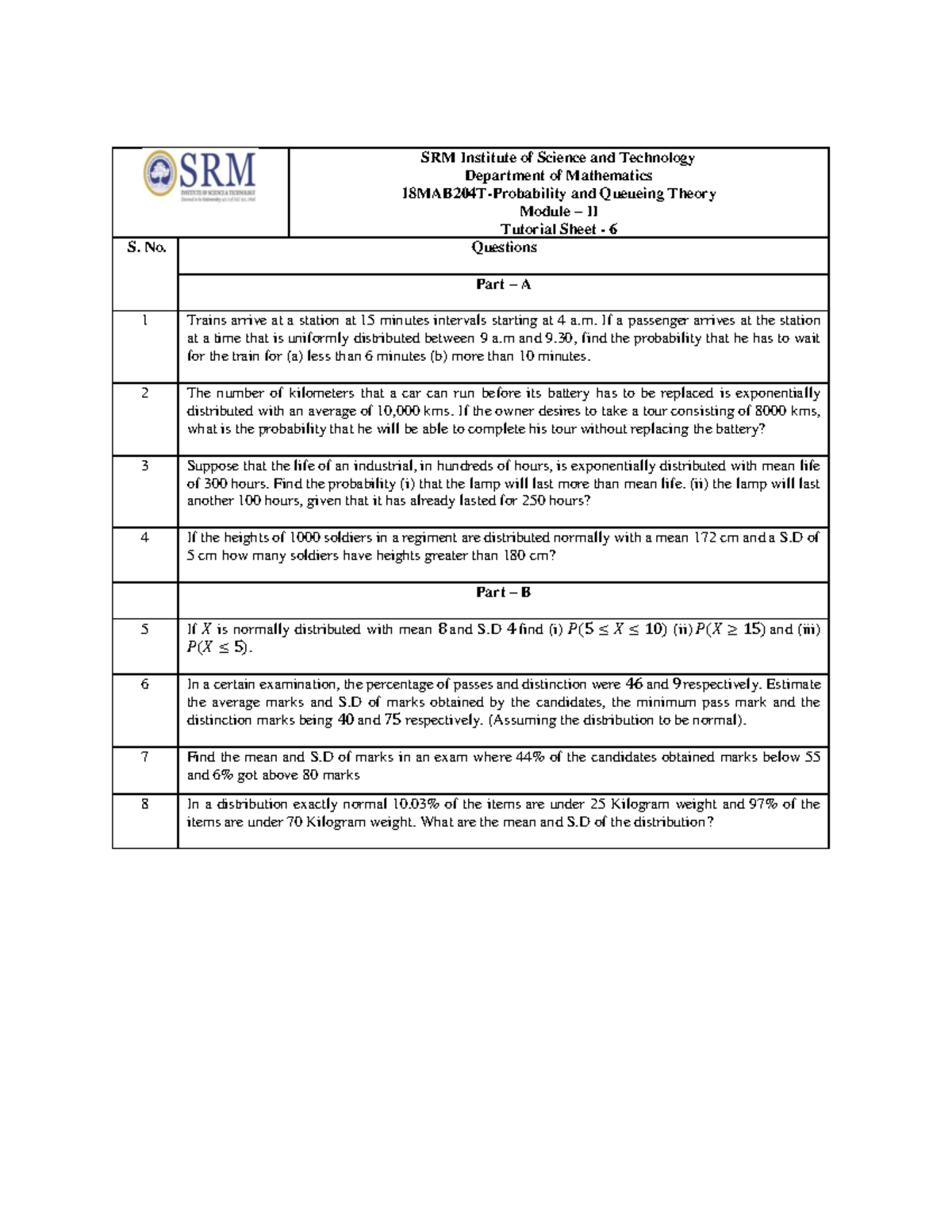 PQT-Tutorial 6-2022-2023 - SRM Institute of Science and Technology ...