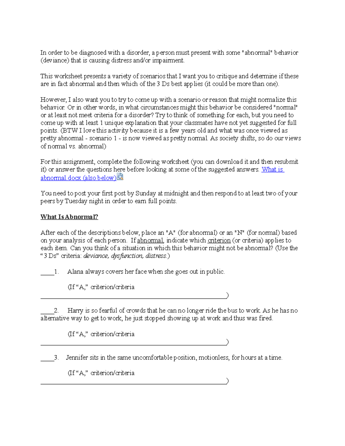 Abnormal vs. normal worksheet - In order to be diagnosed with a ...