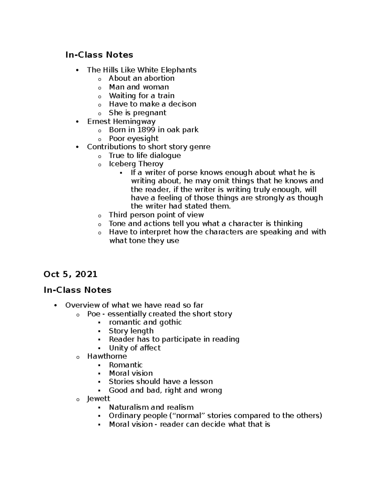 Eng 329 2 - class notes - In-Class Notes The Hills Like White Elephants ...