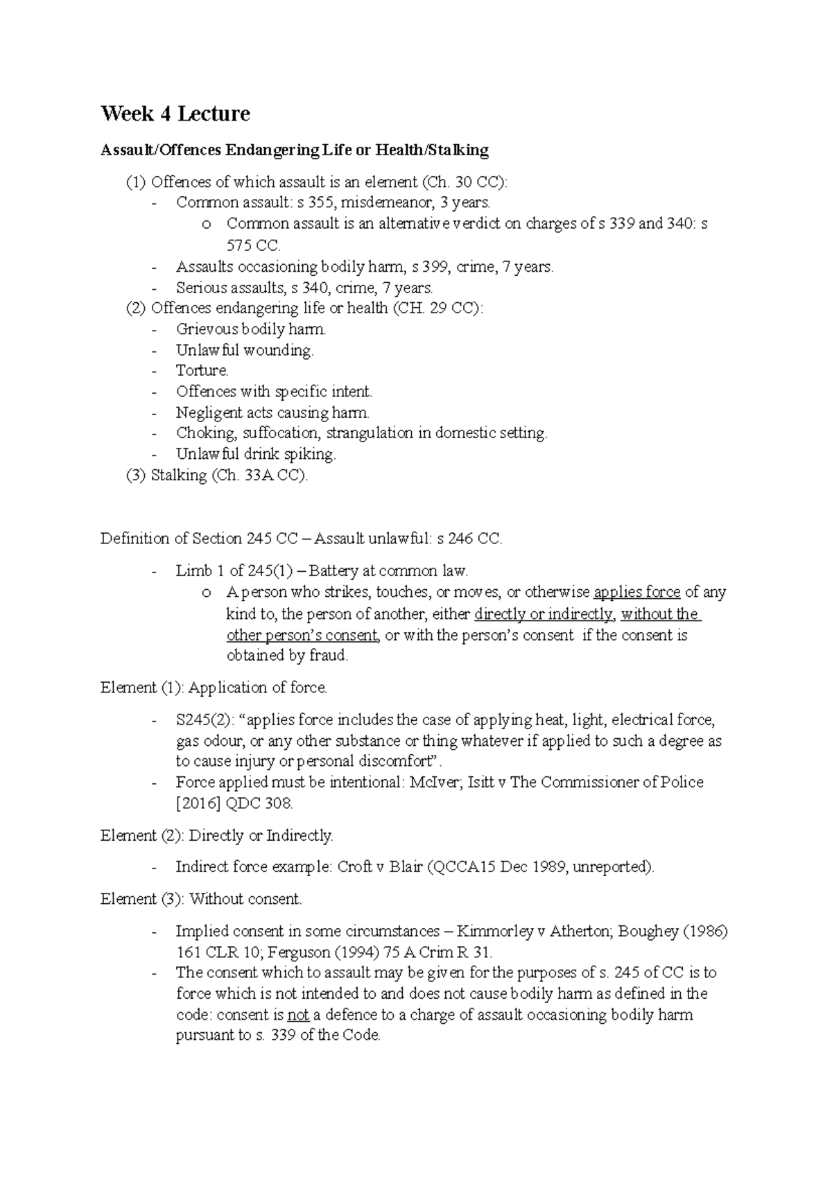 Week 4 Lecture - Week 4 Lecture Assault/Offences Endangering Life or Health/Stalking (1 ...