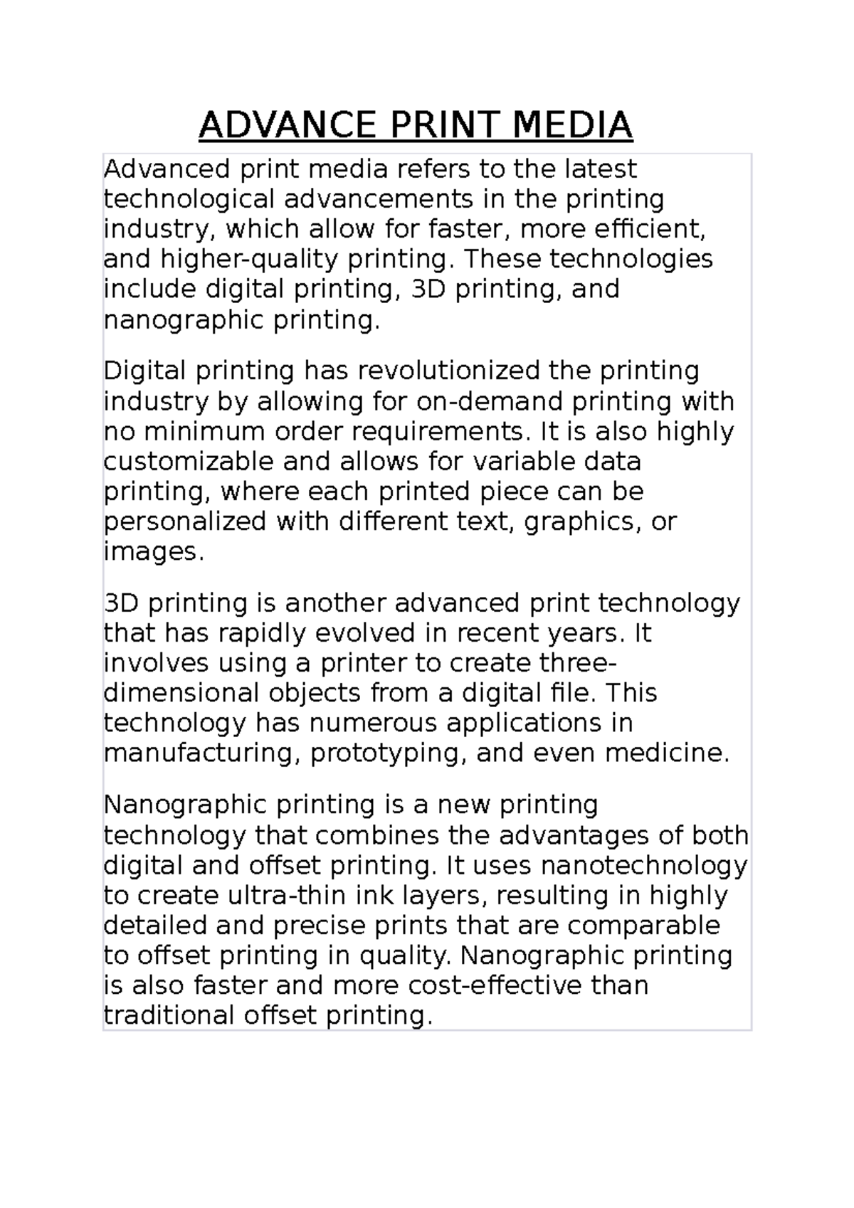 Advance Print Media - ADVANCE PRINT MEDIA Advanced print media refers ...
