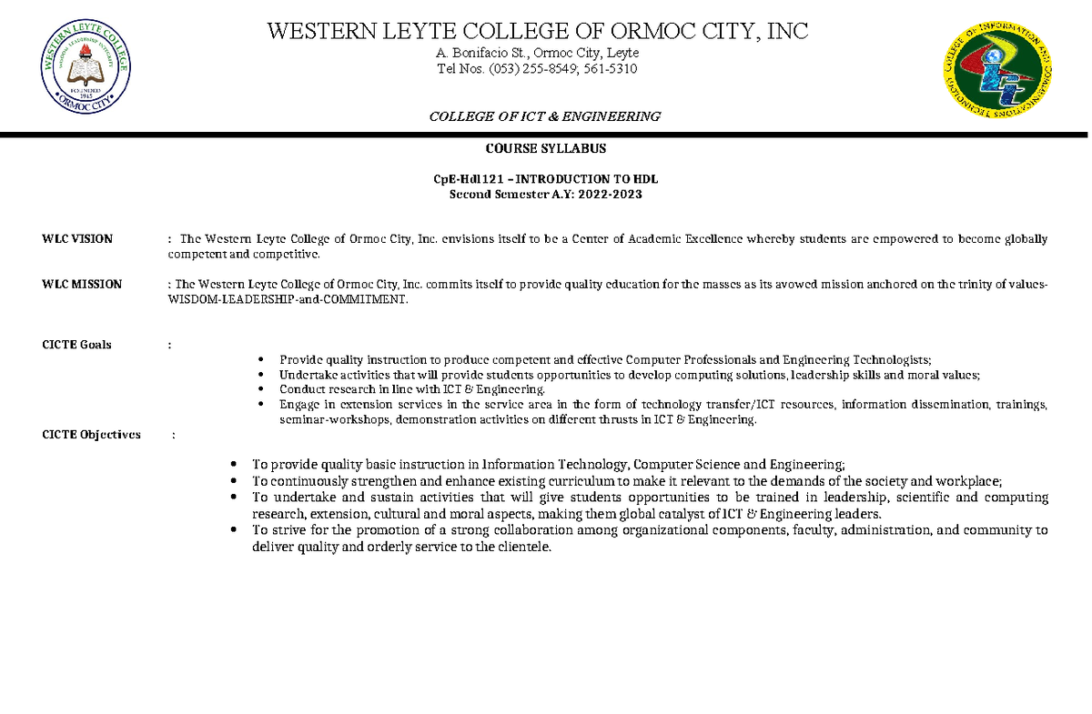 Pelino, Cp E - Introduction to HDL - WESTERN LEYTE COLLEGE OF ORMOC ...