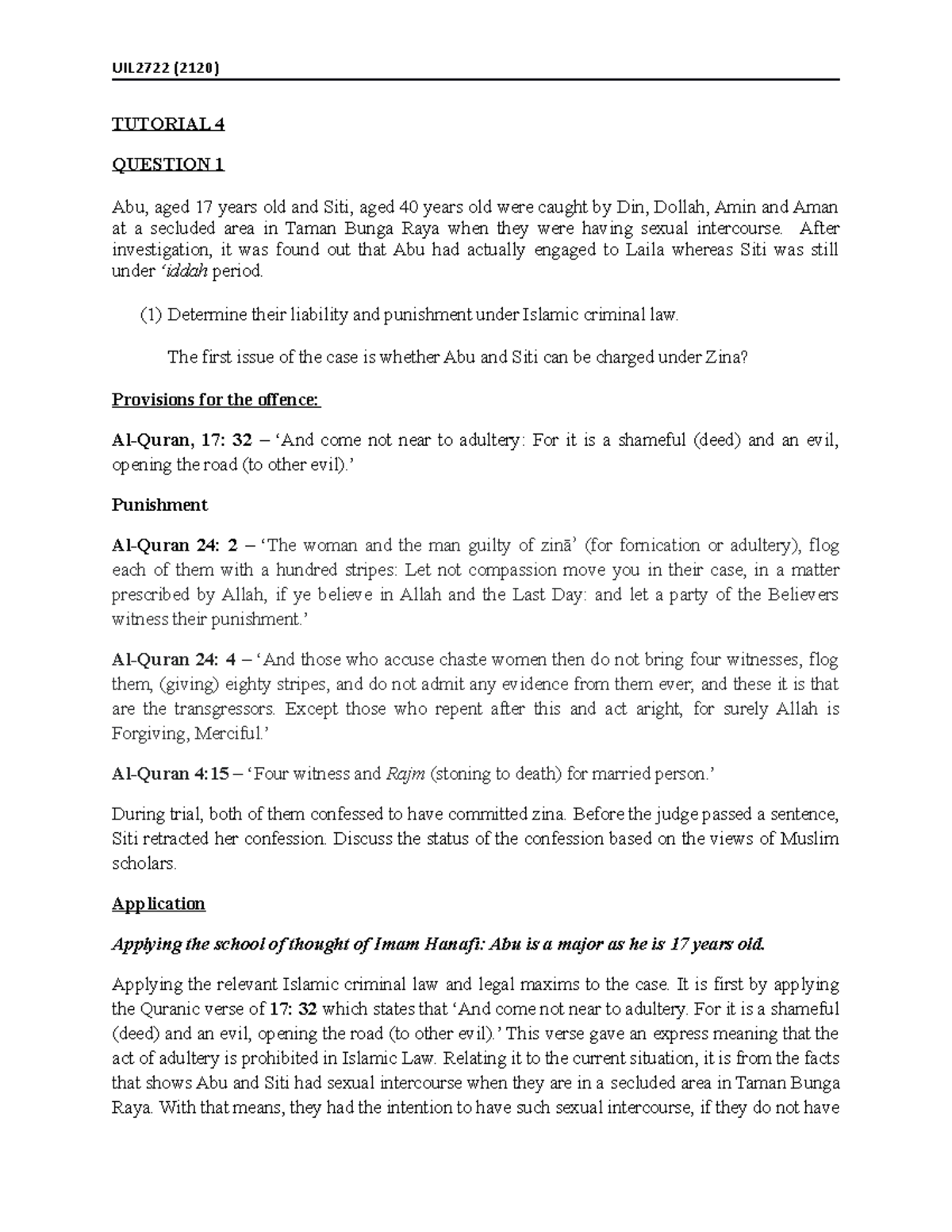 Tutorial 4 (Answers) - TUTORIAL 4 QUESTION 1 Abu, aged 17 years old and ...