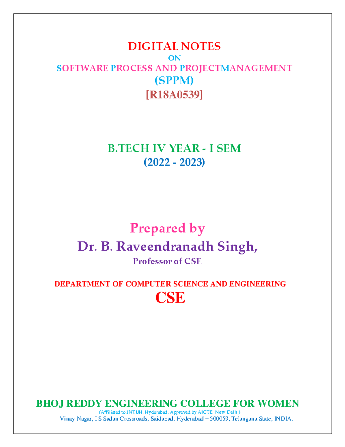 SPPM-Dr - Sppm Textbook - DIGITAL NOTES ON SOFTWARE PROCESS AND ...