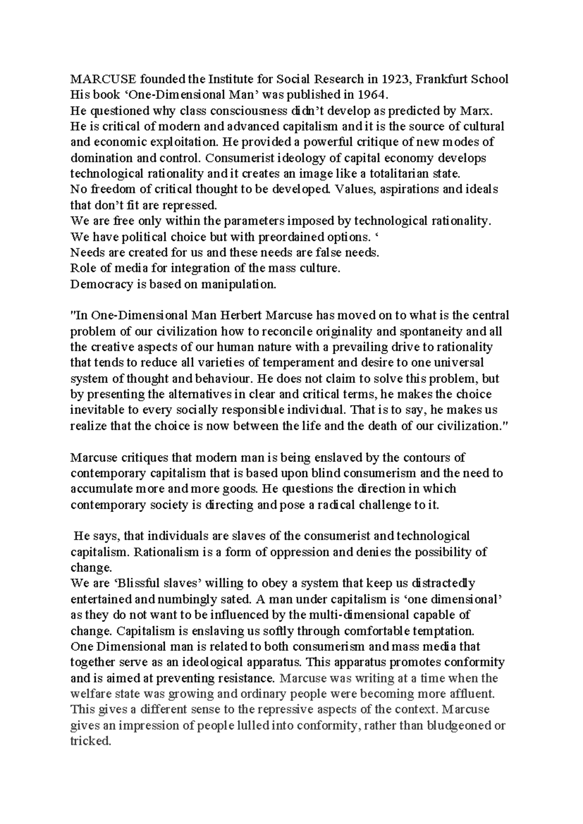 Marcuse - MARCUSE founded the Institute for Social Research in 1923 ...