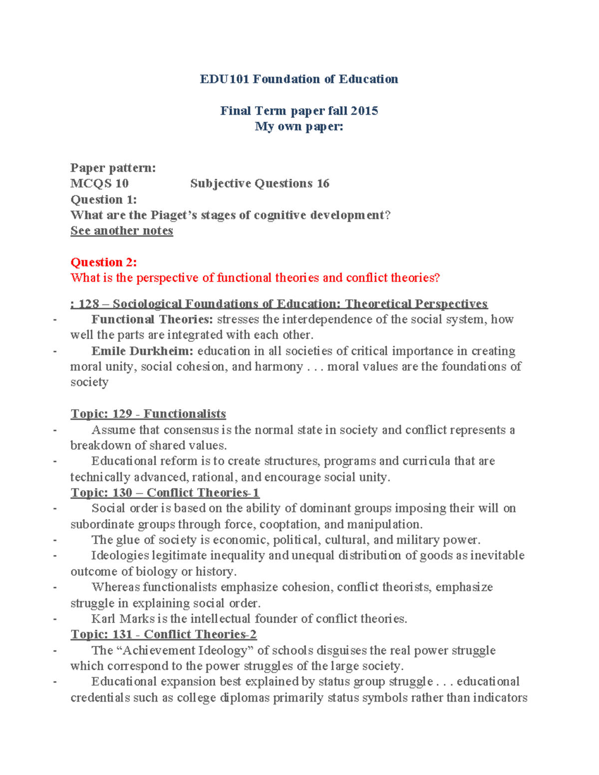 Edu101 final term papers - EDU101 Foundation of Education Final Term ...