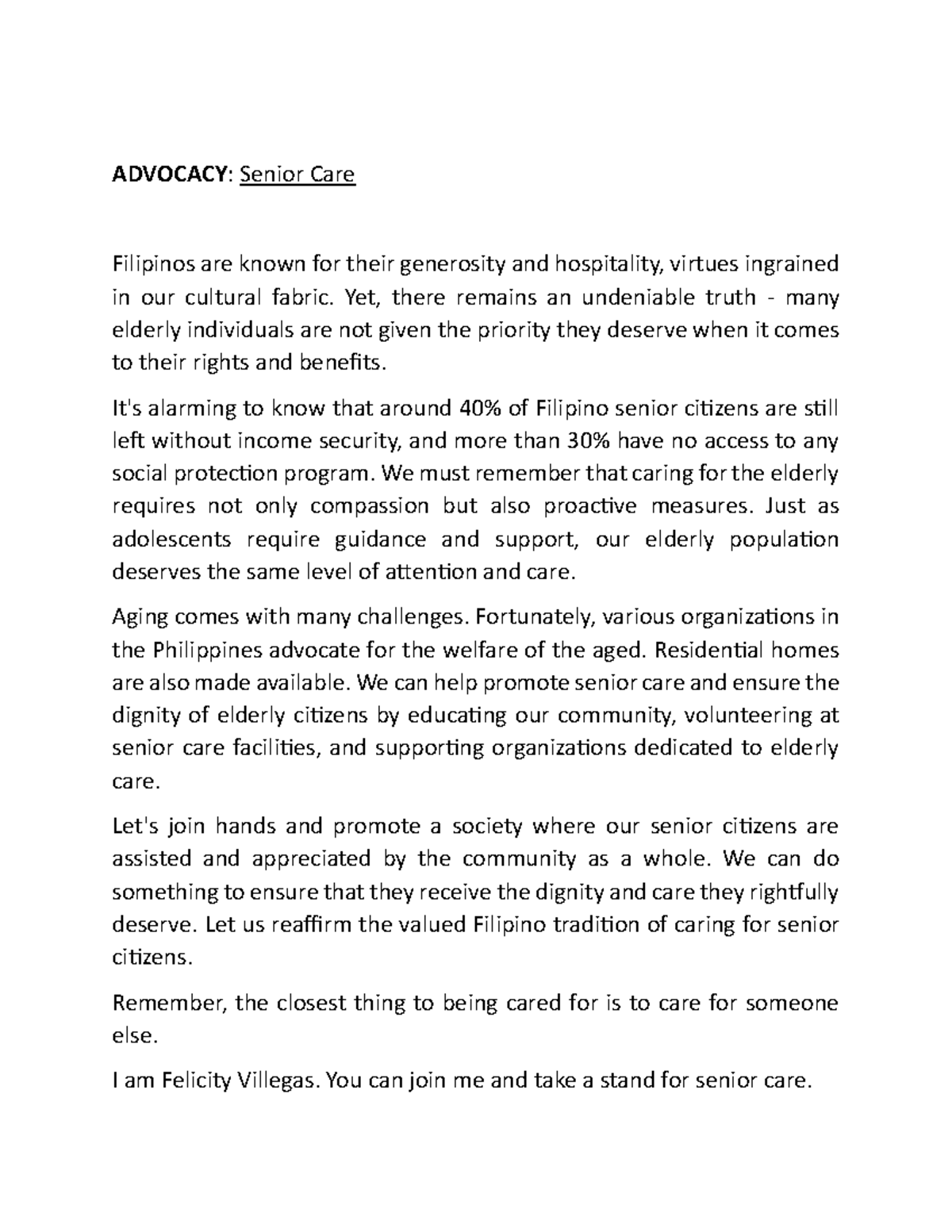 Advocacy-Video-Script - ADVOCACY: Senior Care Filipinos are known for ...