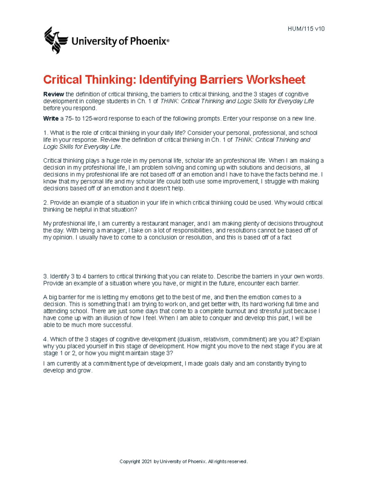 Hum115 v10 wk1 critical thinking identifying barriers worksheet - HUM ...