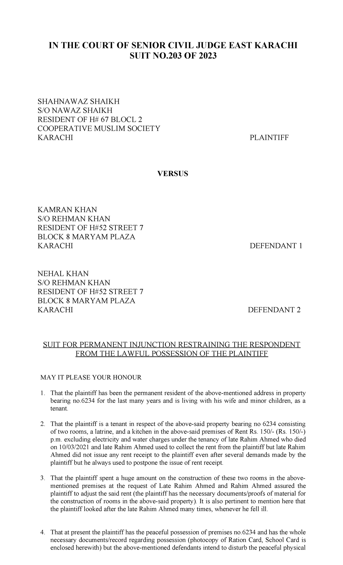 Suit For Permanent Injunction In The Court Of Senior Civil Judge East