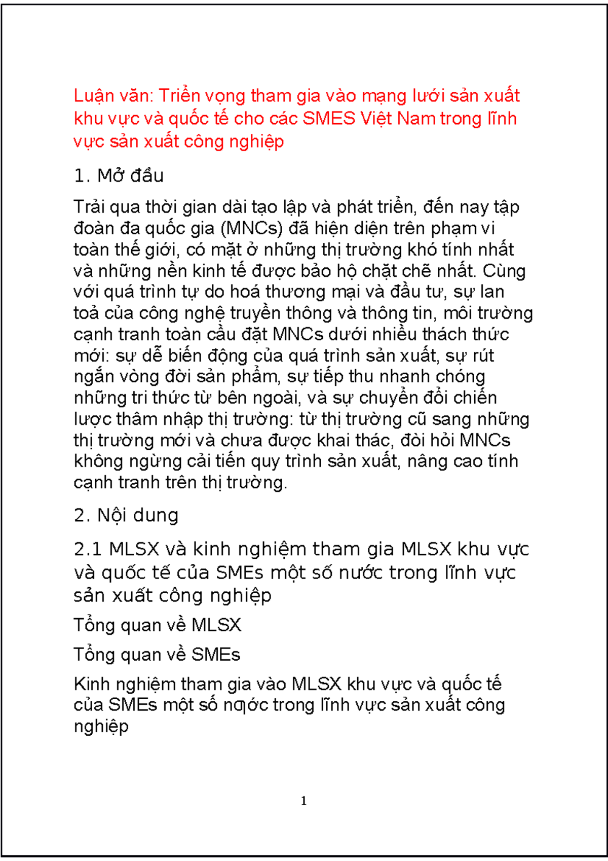 Luận văn Triển vọng tham gia vào mạng lưới sản xuất khu vực và quốc tế cho các SMES Việt Nam ...