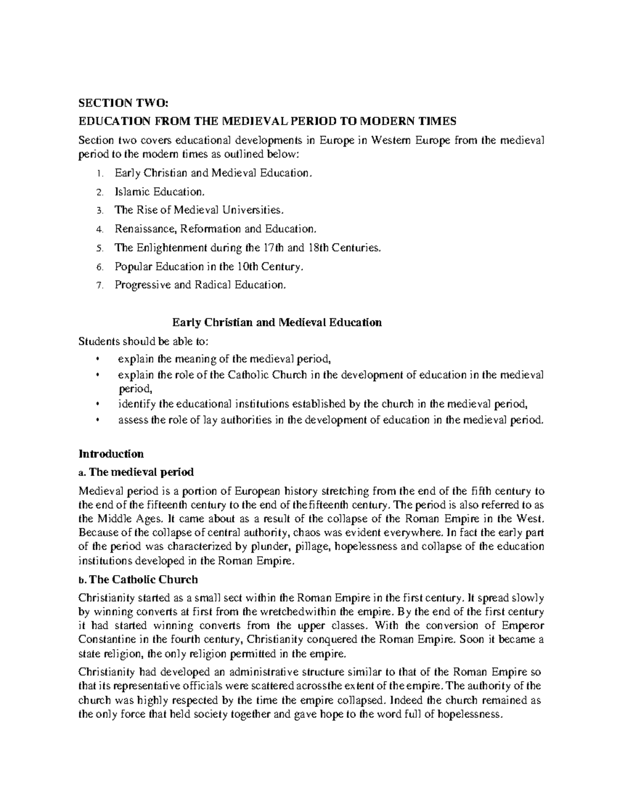 Topic 5 Medieval period to modern times 2 - SECTION TWO: EDUCATION FROM ...