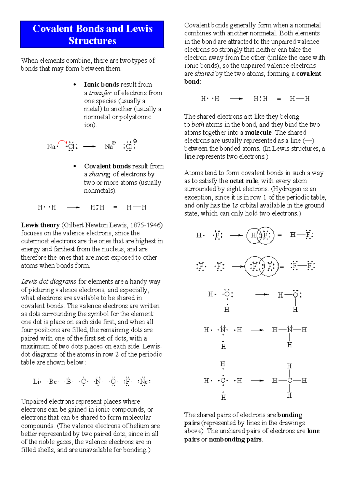 Covalent Bonds and Lewis Structures - Covalent Bonds and Lewis ...