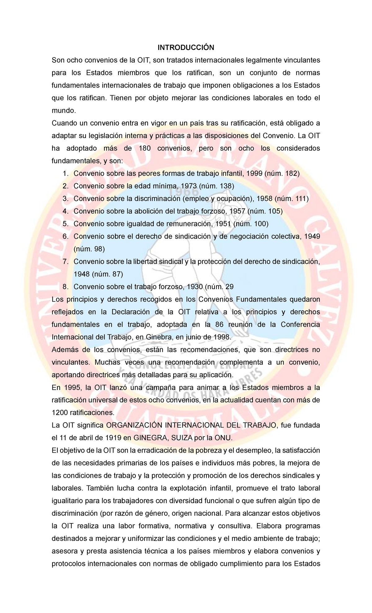 Ensayo de convenios MMMM - INTRODUCCIÓN Son ocho convenios de la OIT ...