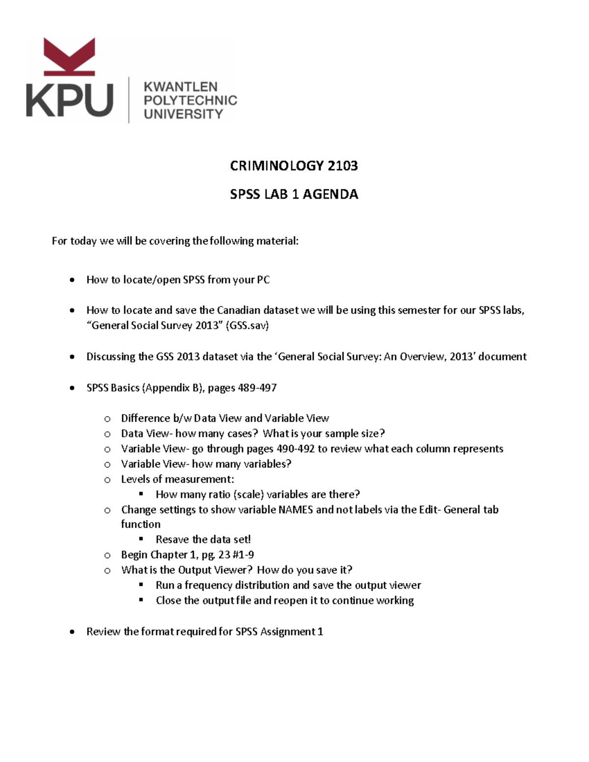 spss lab agenda 1 - CRIMINOLOGY 2103 SPSS LAB 1 AGENDA For today we ...