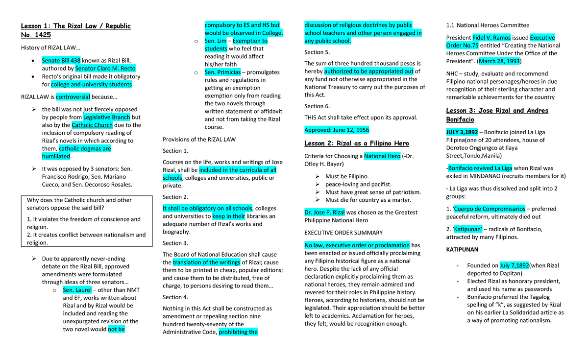 LWR Reviewer - Lesson 1: The Rizal Law / Republic No. 1425 History of ...