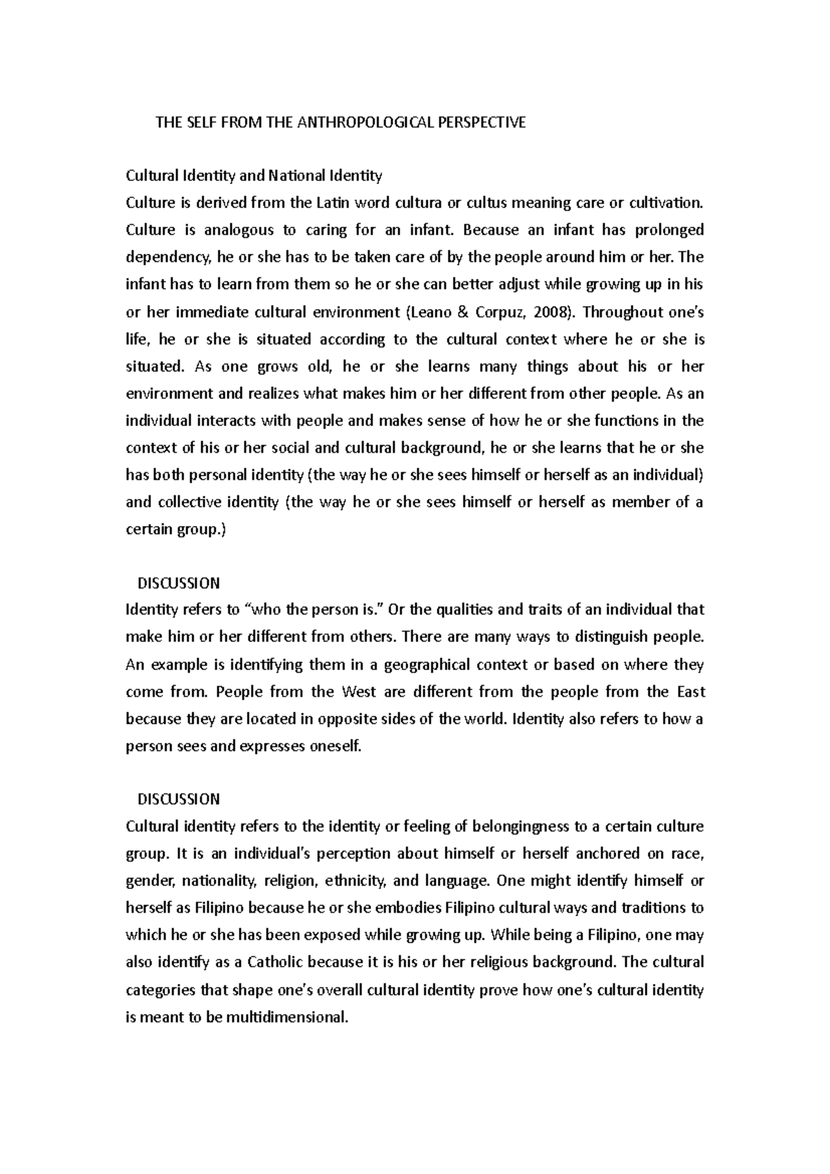 SELF FROM THE Anthropological Perspective - THE SELF FROM THE ANTHROPOLOGICAL PERSPECTIVE ...