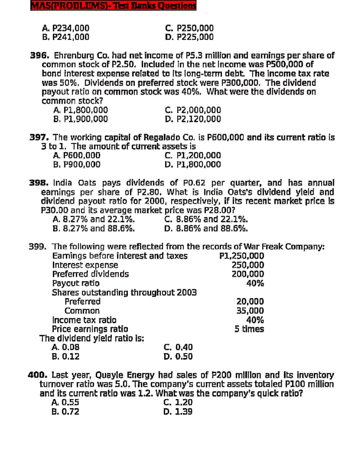 ACC731 97 - Hdbx - Test Banks Questions A. C. B. D. 396. Ehrenburg Co ...