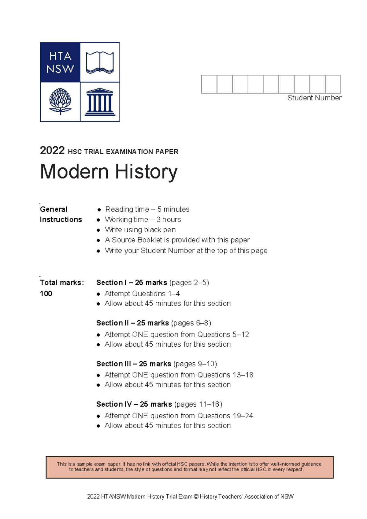 2022 Htansw Modern History Trial EXAM - Student Number 2022 HSC TRIAL EXAMINATION PAPER Modern ...