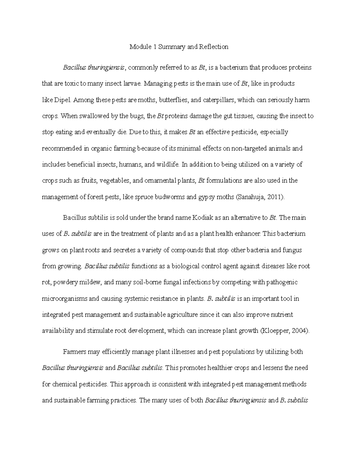 Module 1 Summary and Reflection - Module 1 Summary and Reflection Bacillus thuringiensis ...