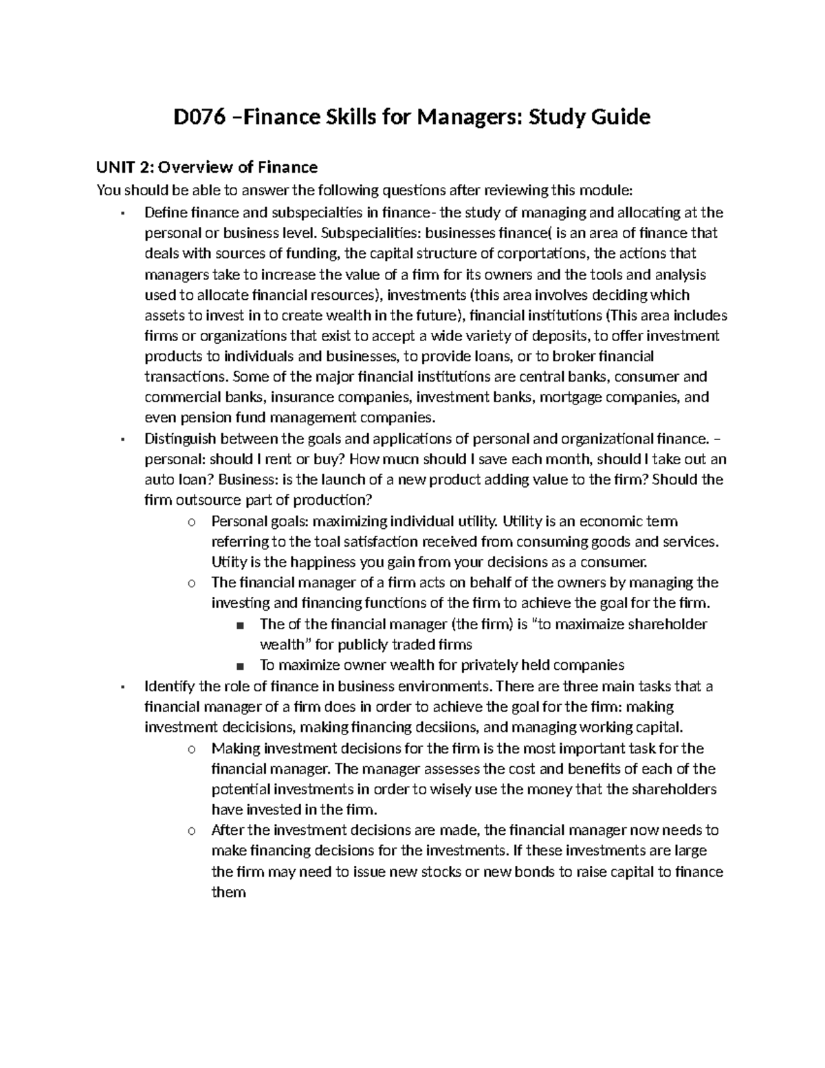 D076 Study Guide - UNIT 2: Overview of Finance You should be able to ...