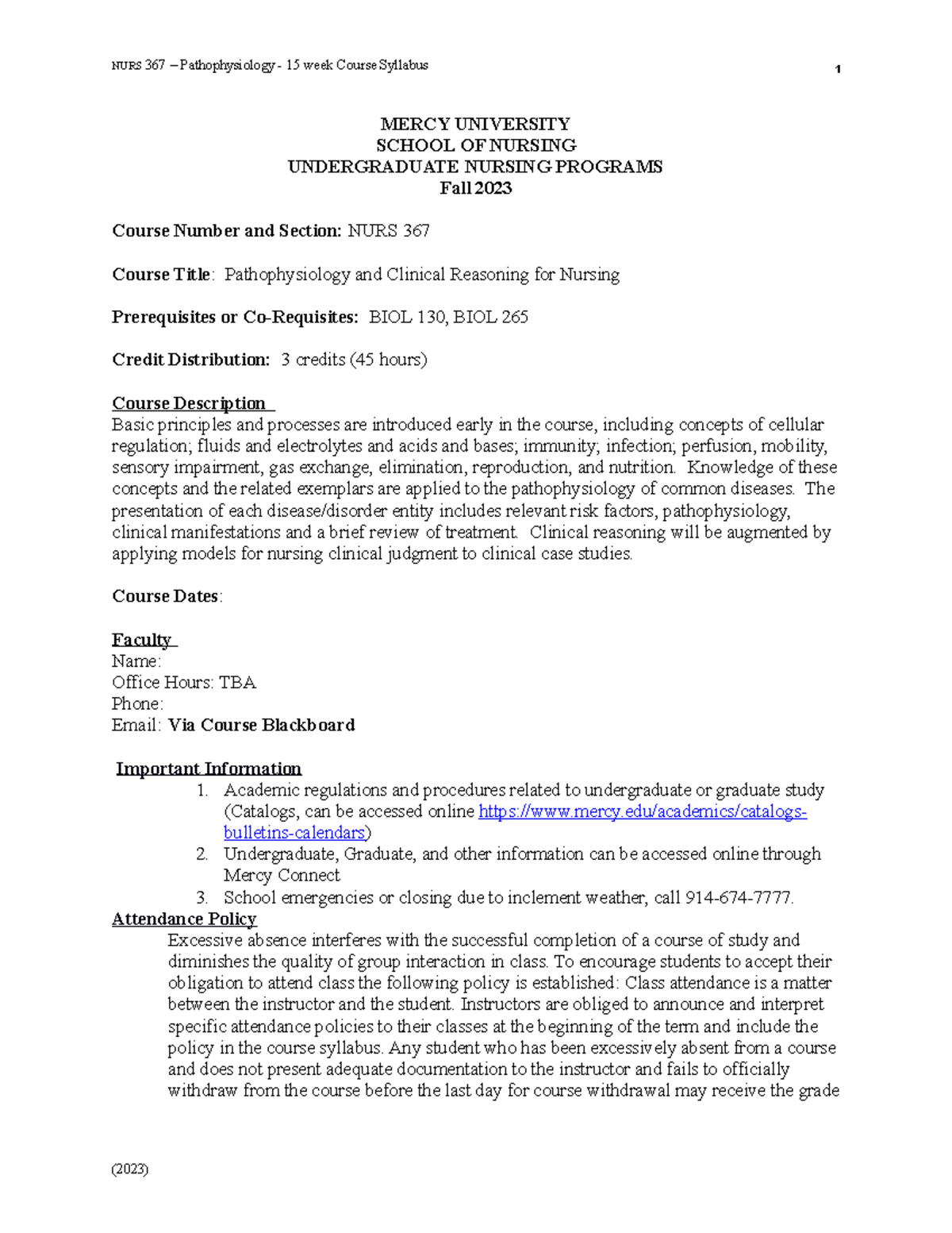 NURS 367 - 15 week Course Syllabus - MERCY UNIVERSITY SCHOOL OF NURSING ...