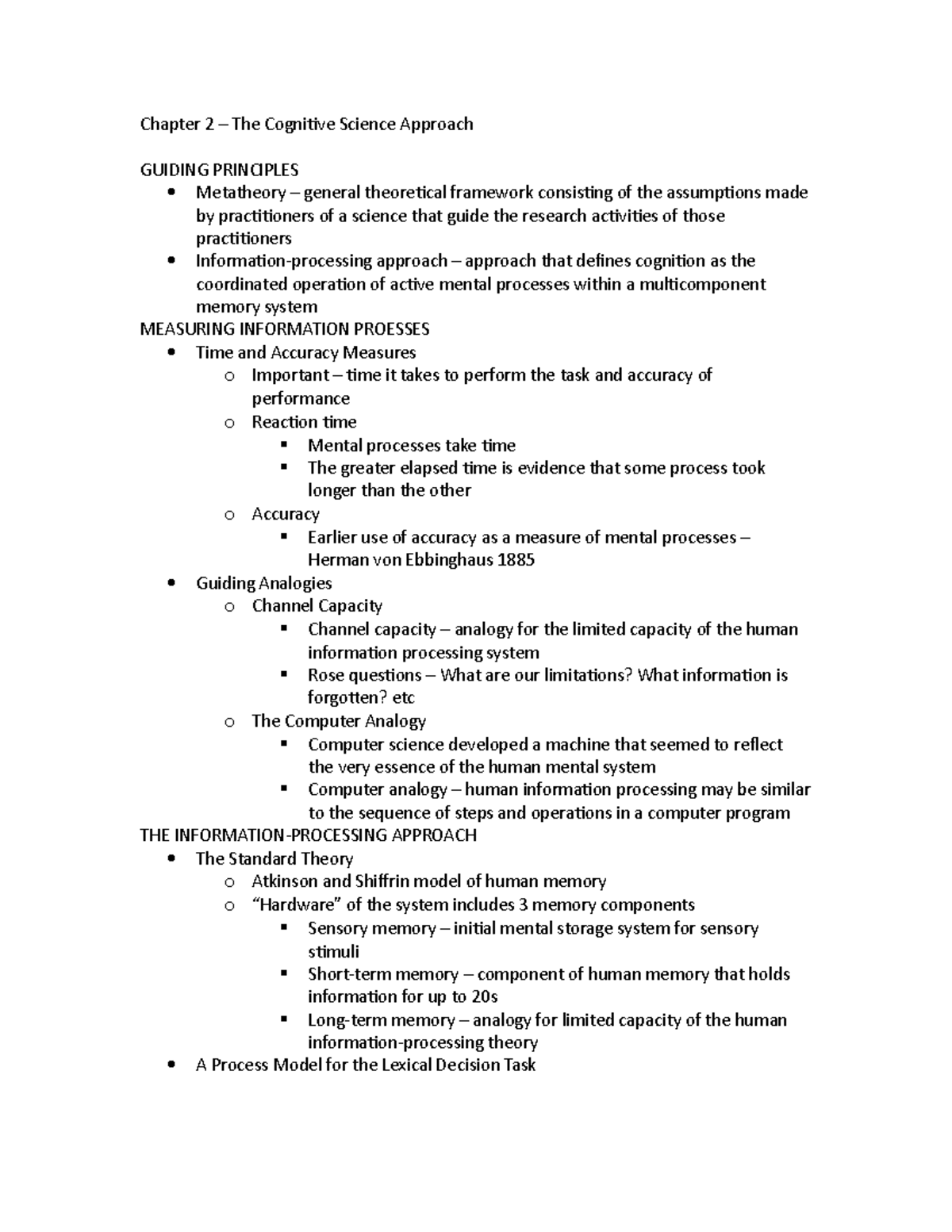 Summary - chapter 2 – the cognitive science approach - Chapter 2 – The ...