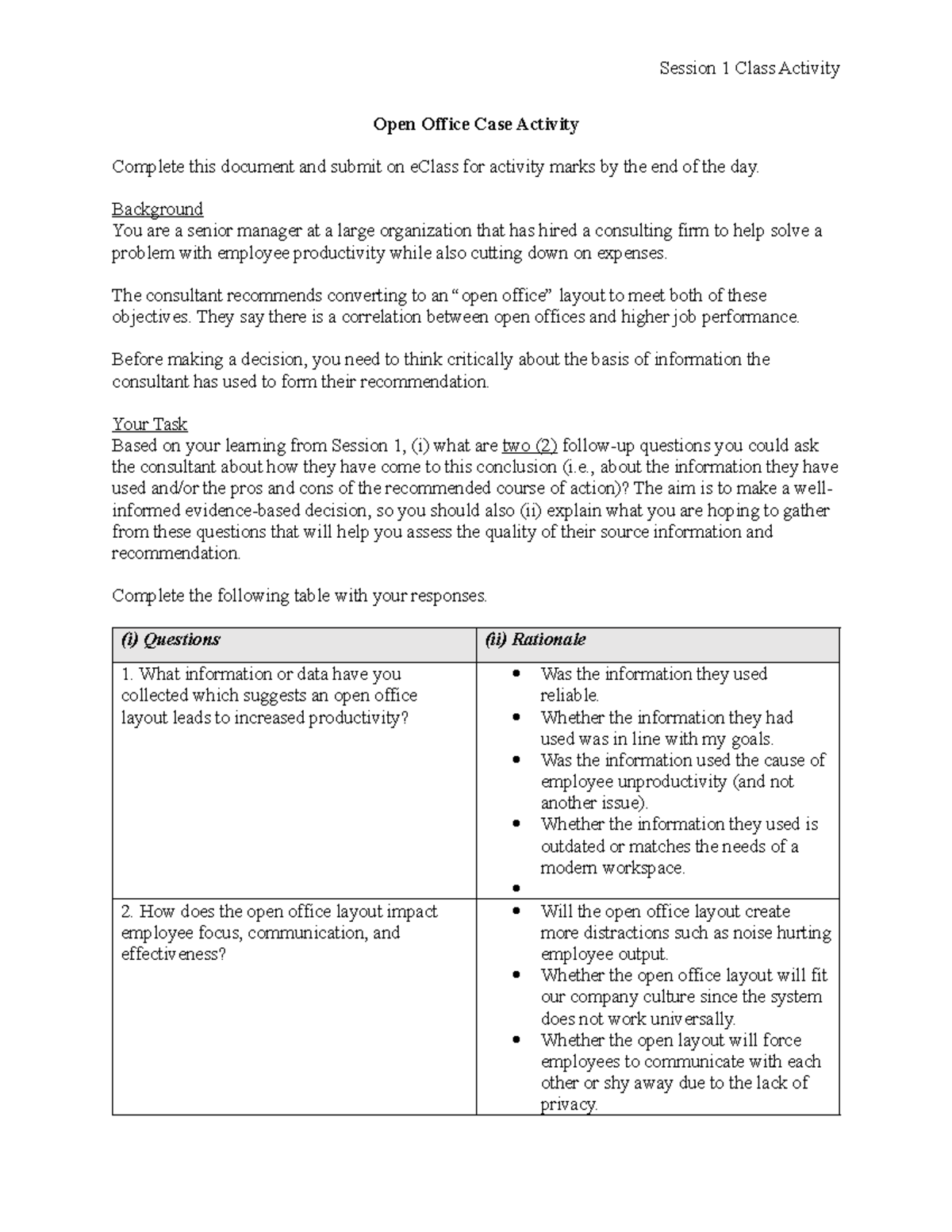 Open Office Case Activity (Class Activity Session 1) - Session 1 Class Activity Open Office Case ...