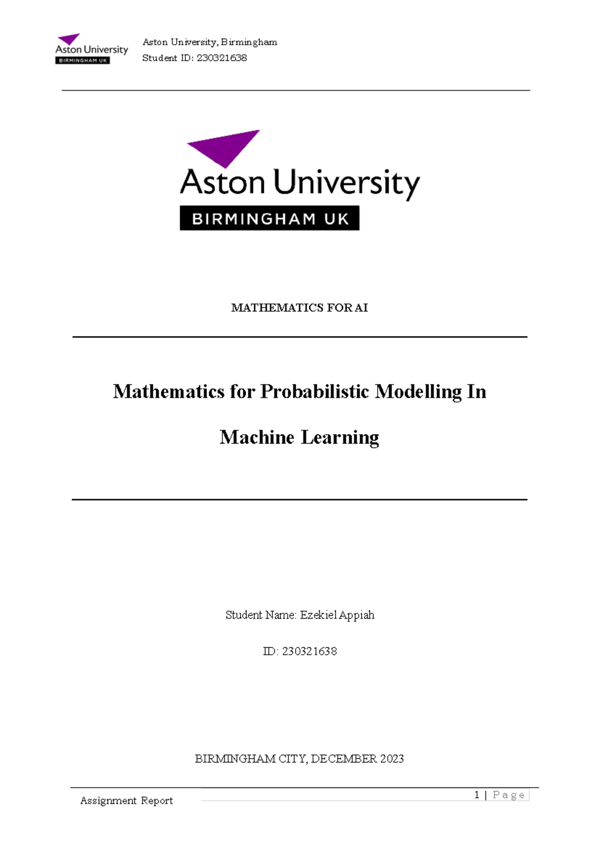 Maths For AI - Final - Course - Student ID: 230321638 MATHEMATICS FOR ...