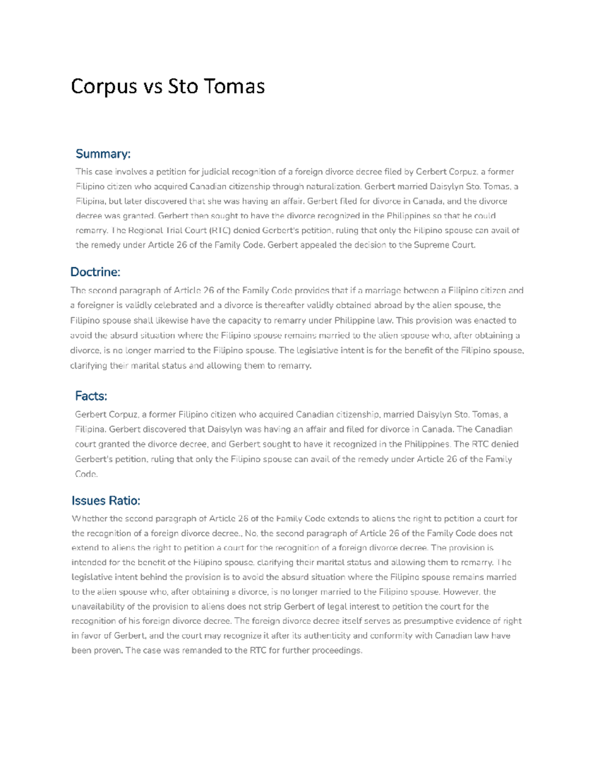 Corpus vs Sto Tomas - Case Digest - Persons Family and Relations ...
