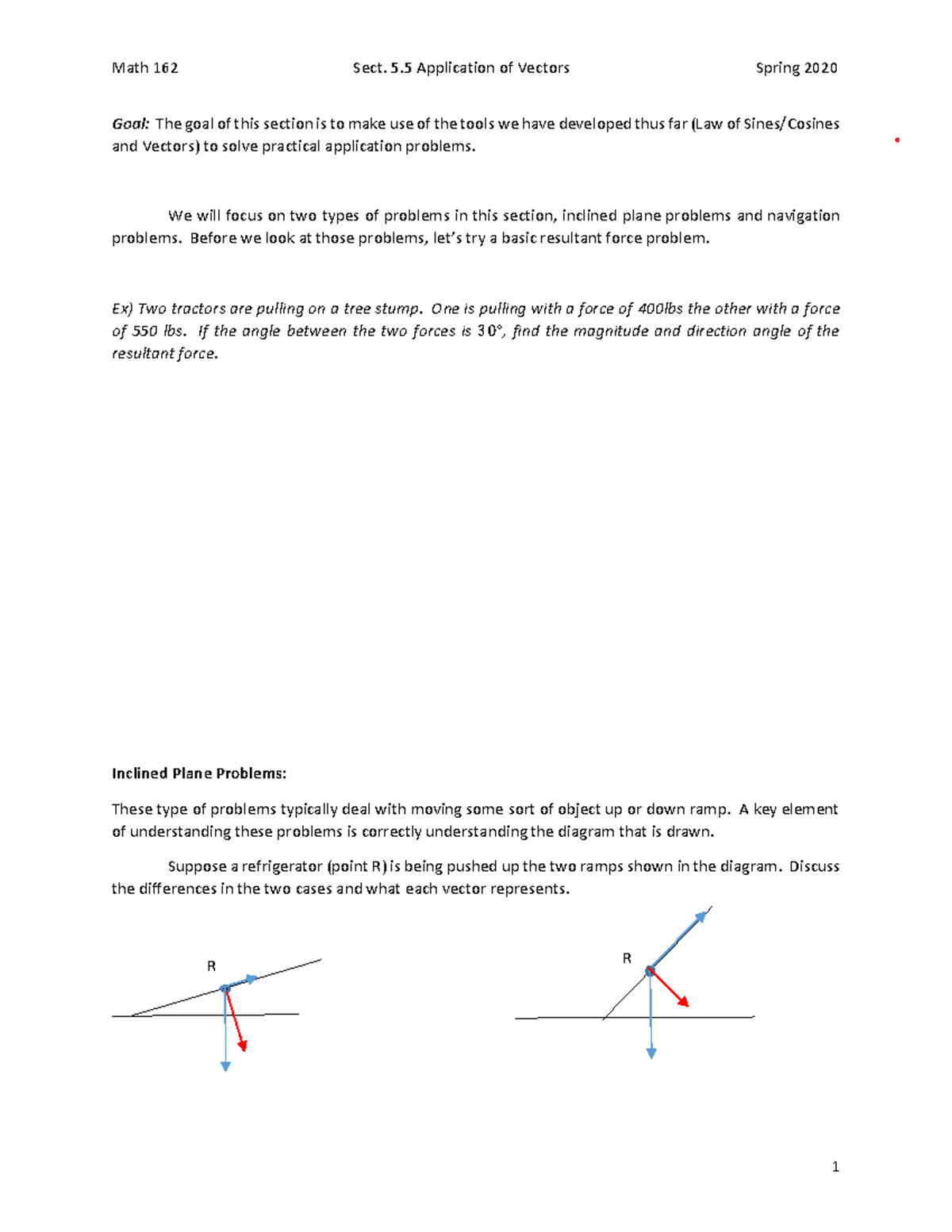 Math 162- Sect. 5.5 Notes - Math 162 Sect. 5 Application of Vectors ...