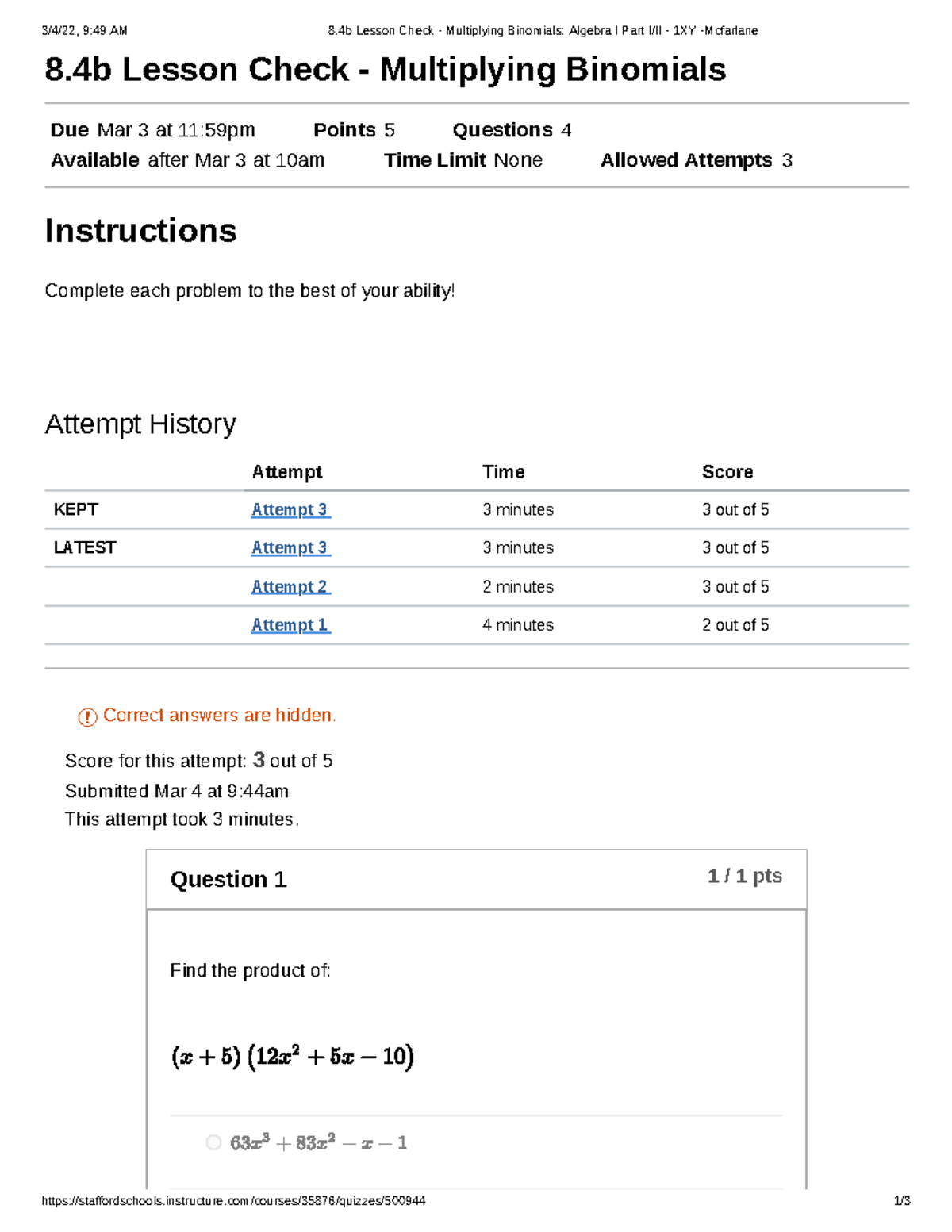 8.4b Lesson Check - Multiplying Binomials Algebra I Part I II - 1XY ...