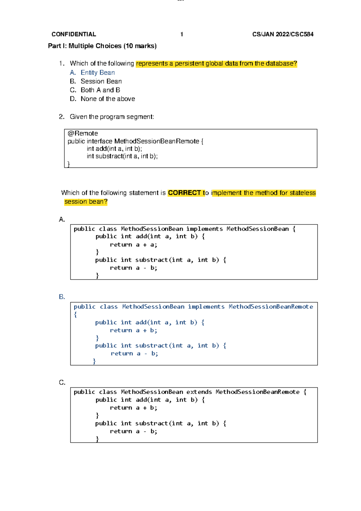 Test1jan 2022csc584 Enterprise Programming Confidential 1 Csjan 2022csc Remote Public 