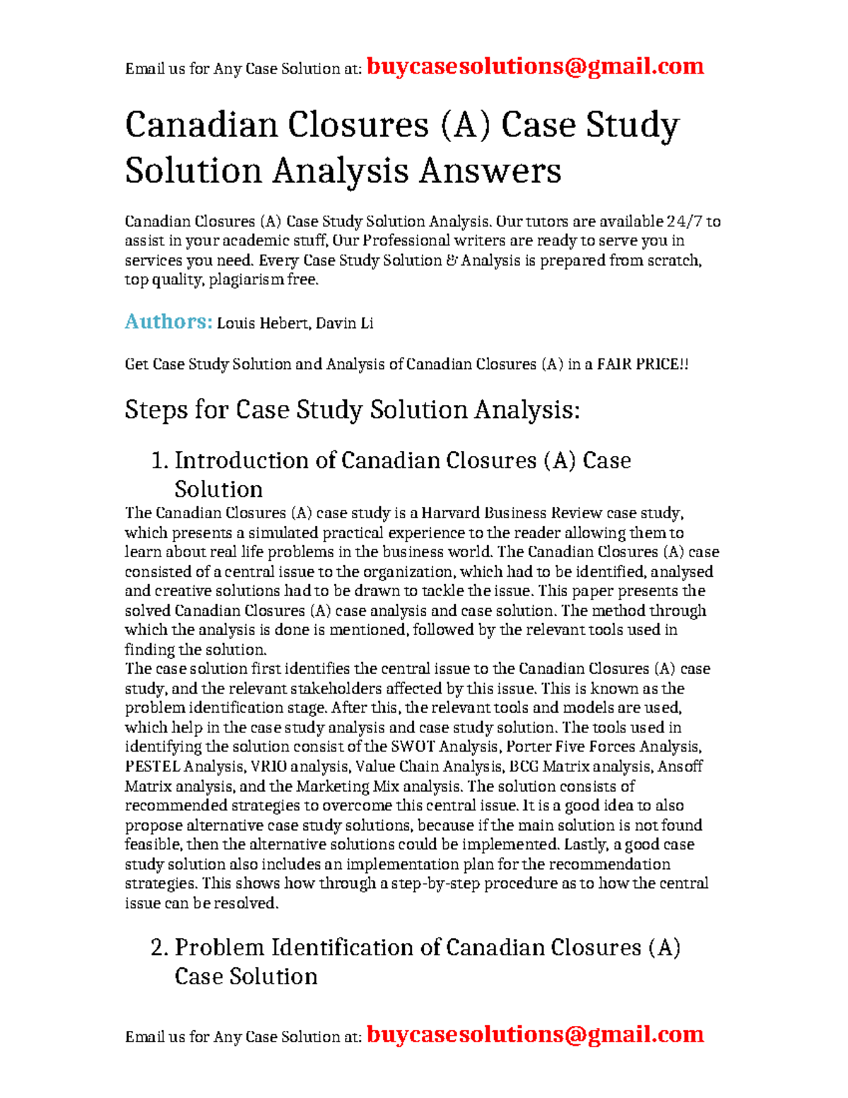 Canadian Closures (A) Case Study Solution Analysis - Our tutors are ...