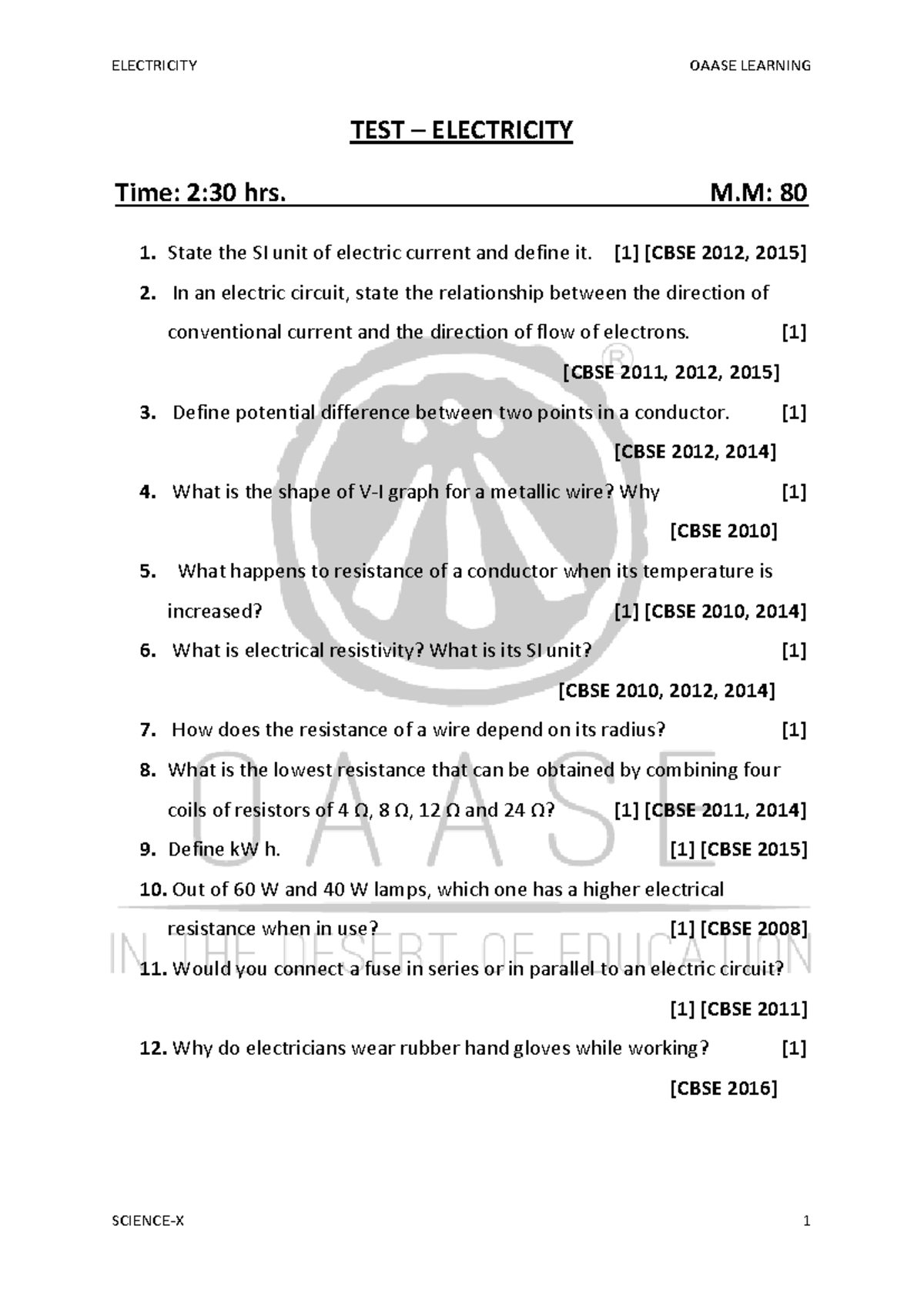 2. TEST Electricity X (O - TEST – ELECTRICITY Time: 2:30 hrs. M: 80 1 ...