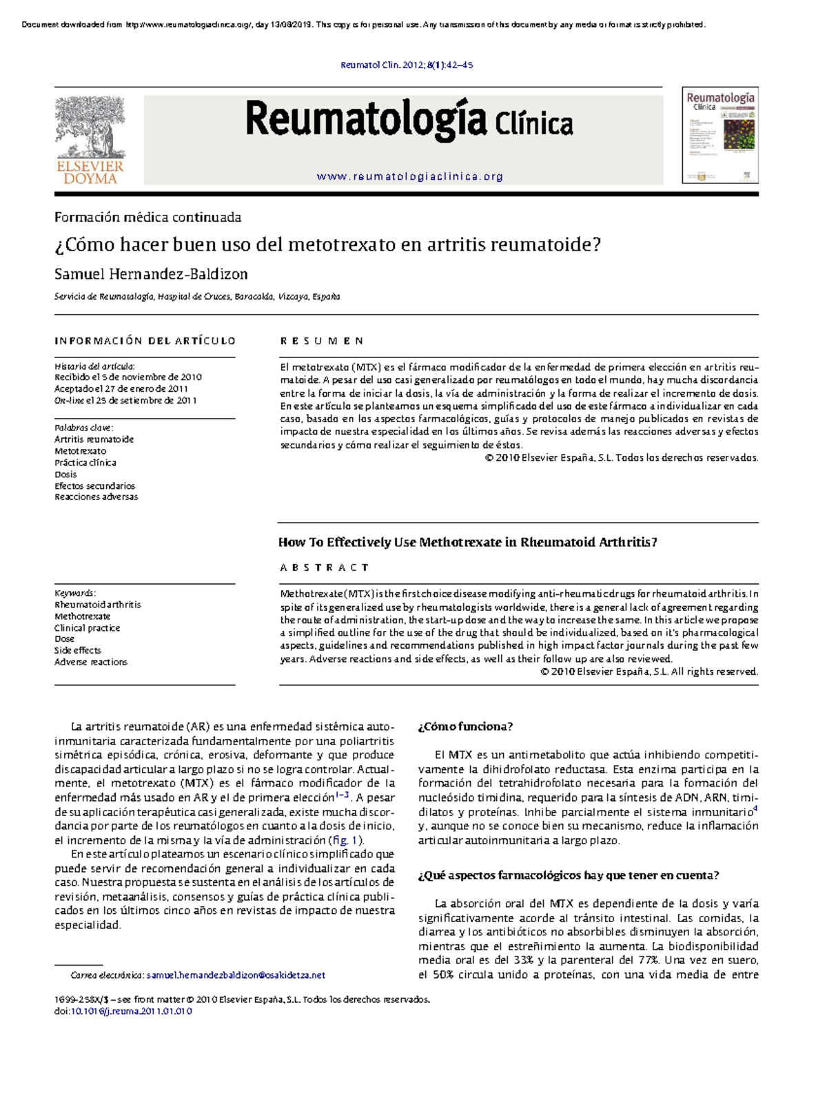Buen uso del metotrexato en Artritis reumatoide - Reumatol Clin. 2012;8 ...