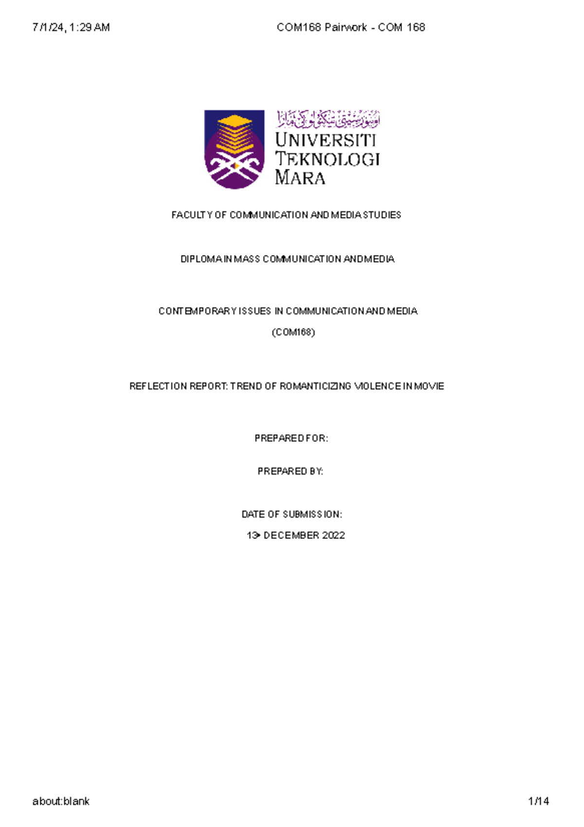 COM168 Pairwork - COM 168 - FACULTY OF COMMUNICATION AND MEDIA STUDIES ...