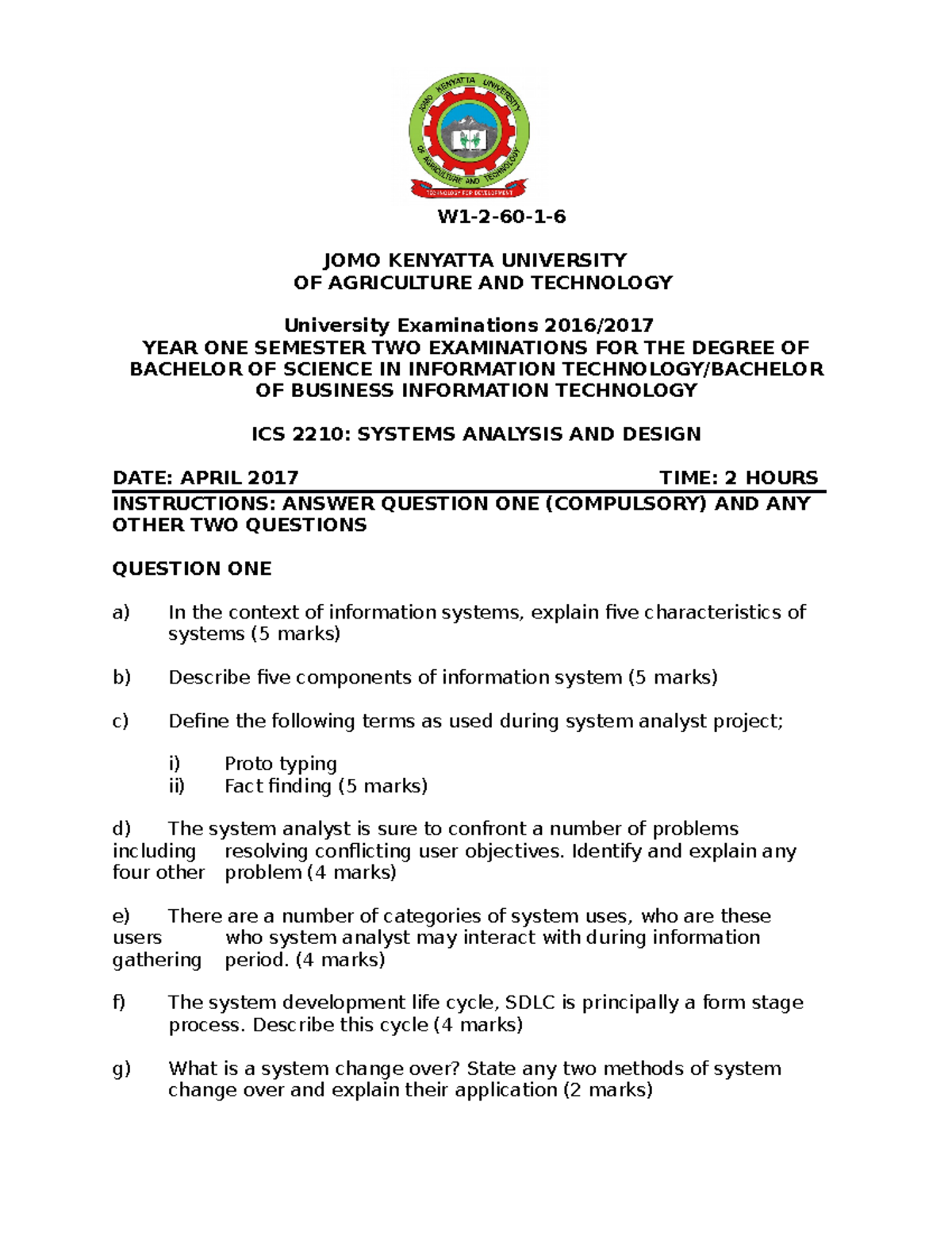 ICS 2210 System Analysis AND Design - W1-2-60-1- JOMO KENYATTA ...