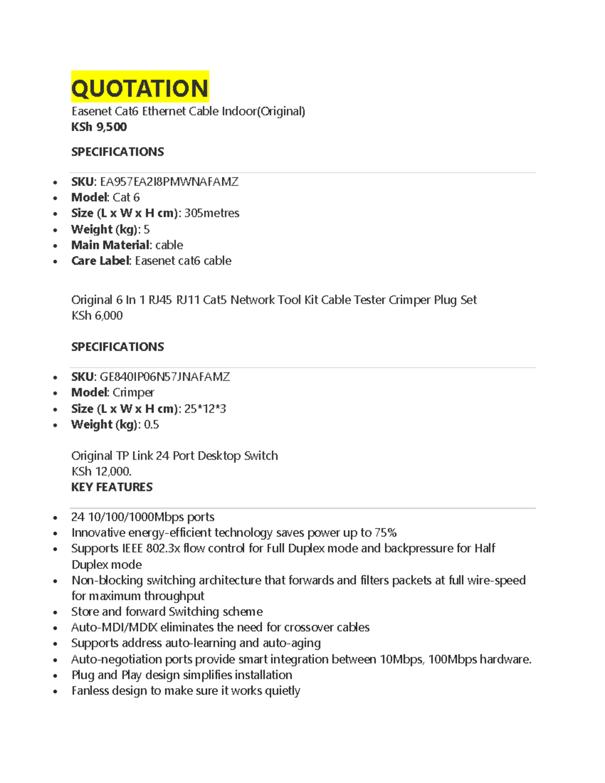 Quotation-Lab room - LECTURE NOTES - QUOTATION Easenet Cat6 Ethernet ...