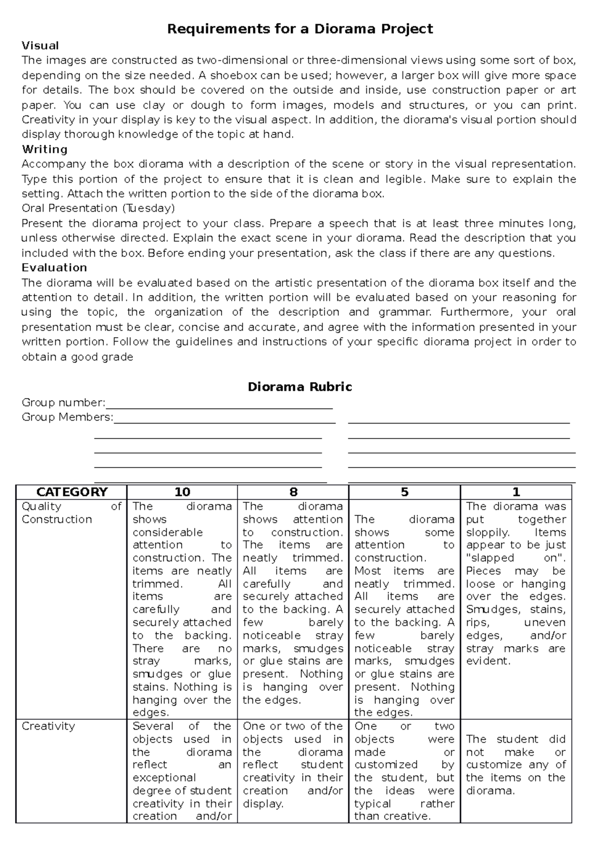 Requirements for a Diorama Project - Requirements for a Diorama Project ...