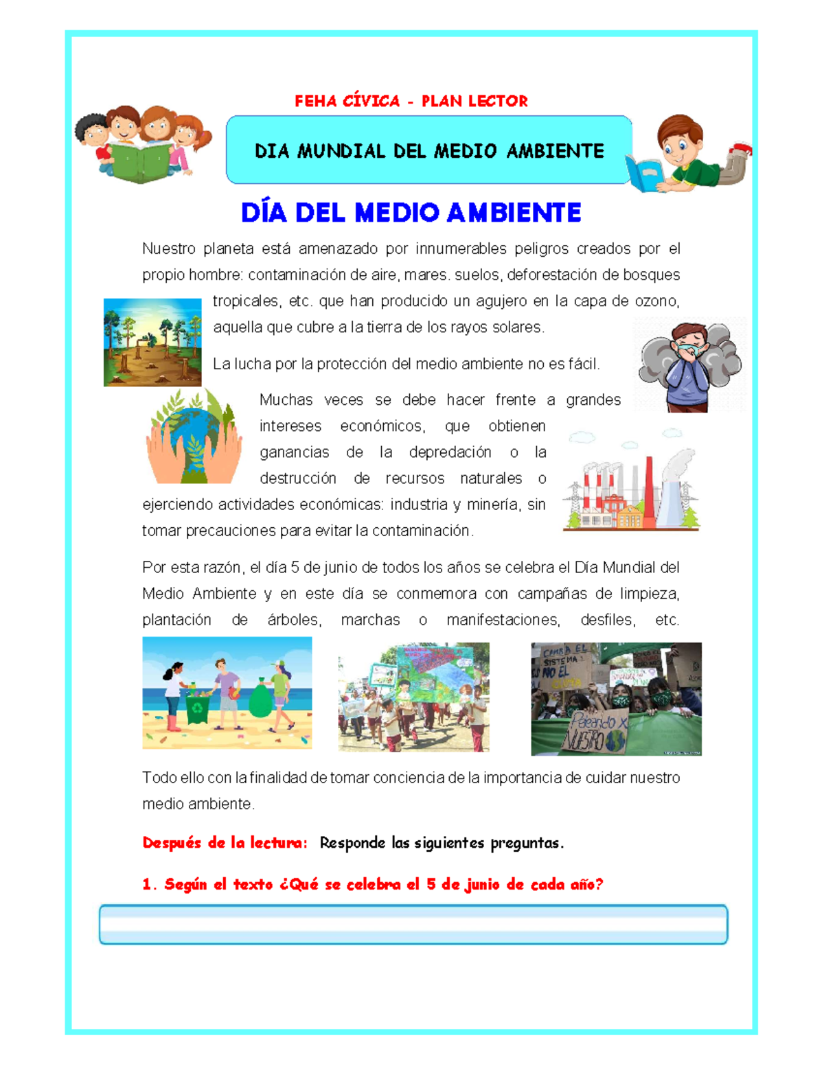 Ficha de la Lectura Del Medio Ambiente - FEHA CÍVICA - PLAN LECTOR DÍA DEL MEDIO AMBIENTE ...