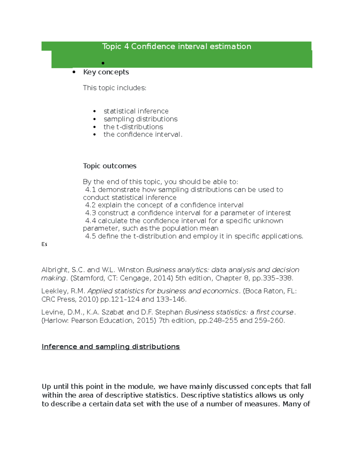 Topic 4 Confidence interval estimation - Topic 4 Confidence interval estimation Topic 4 ...